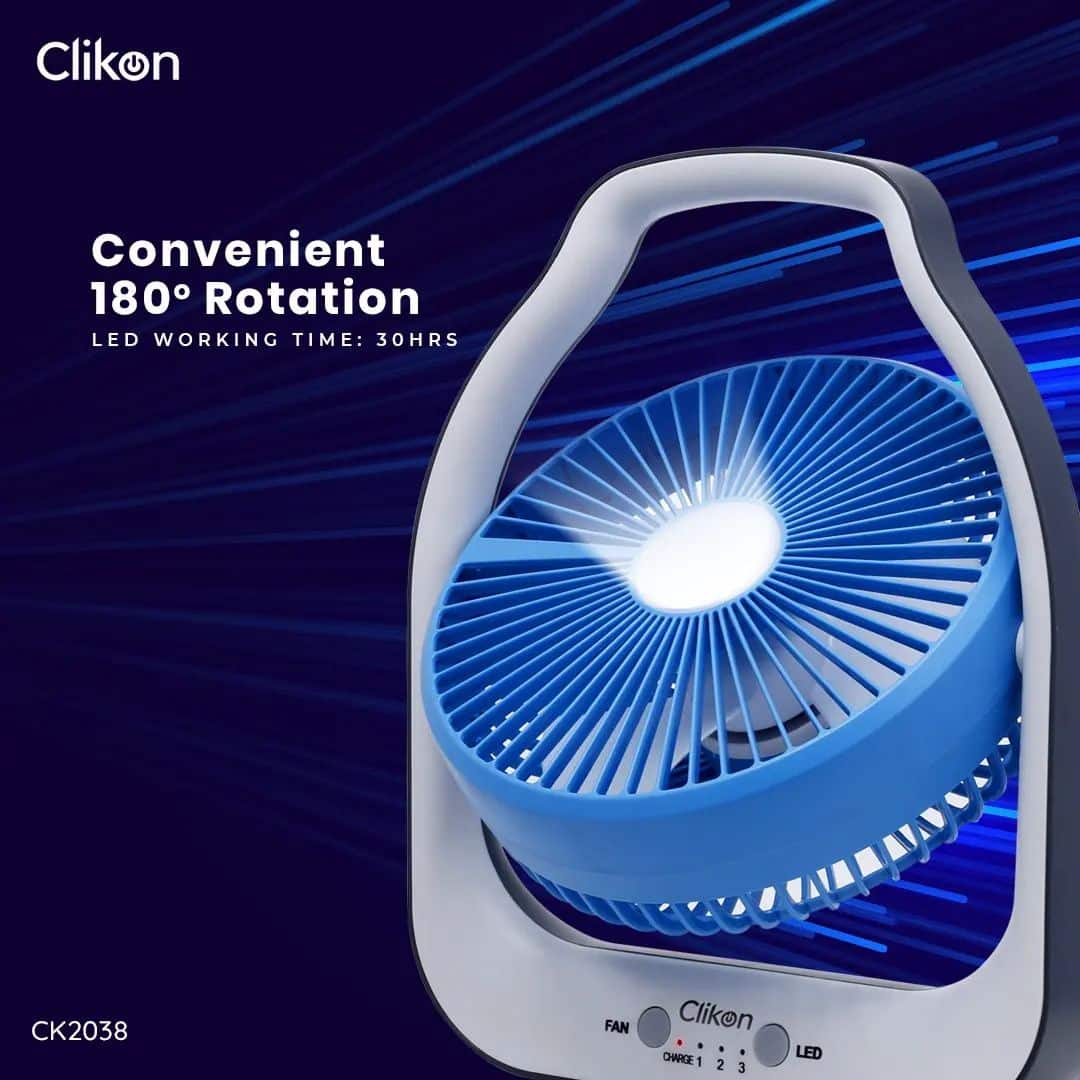 Clikon Rechargeable Fan with LED - 11.5" fan with 8" fan blade